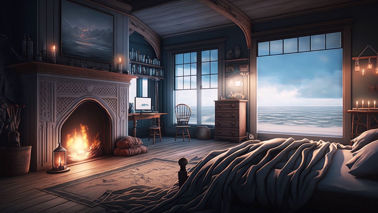 Beach House Ambience - Cozy Fireplace & Soothing Ocean Wave Sounds ...