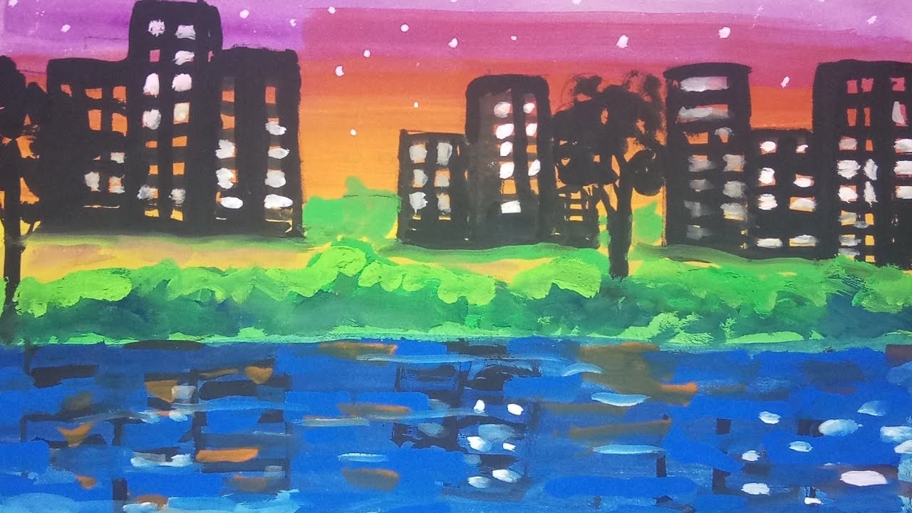 Cityscape Drawing Easy | City Scenery Drawing | Night City Scene ...