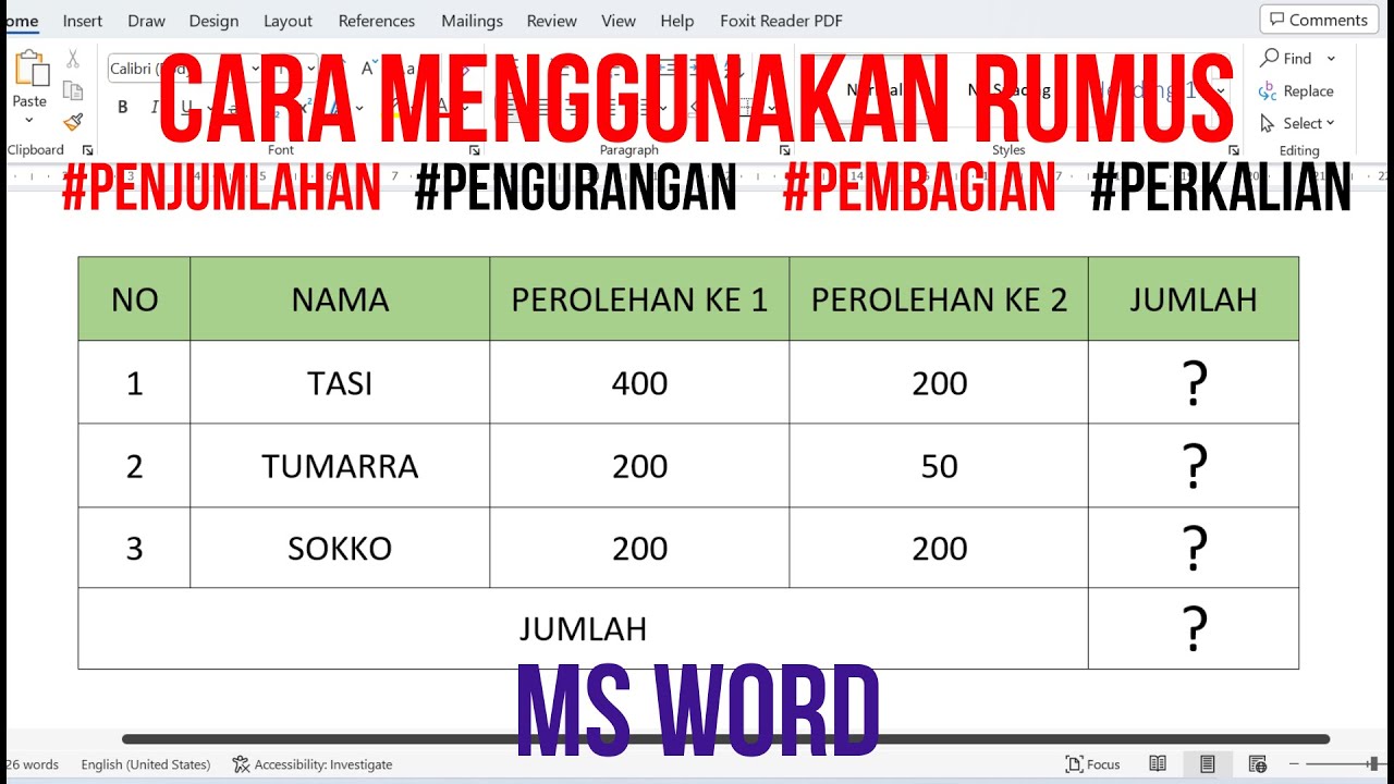 CARA MENGGUNAKAN RUMUS TABEL DI WORD PENJUMLAHAN, PERNGURANGAN ...
