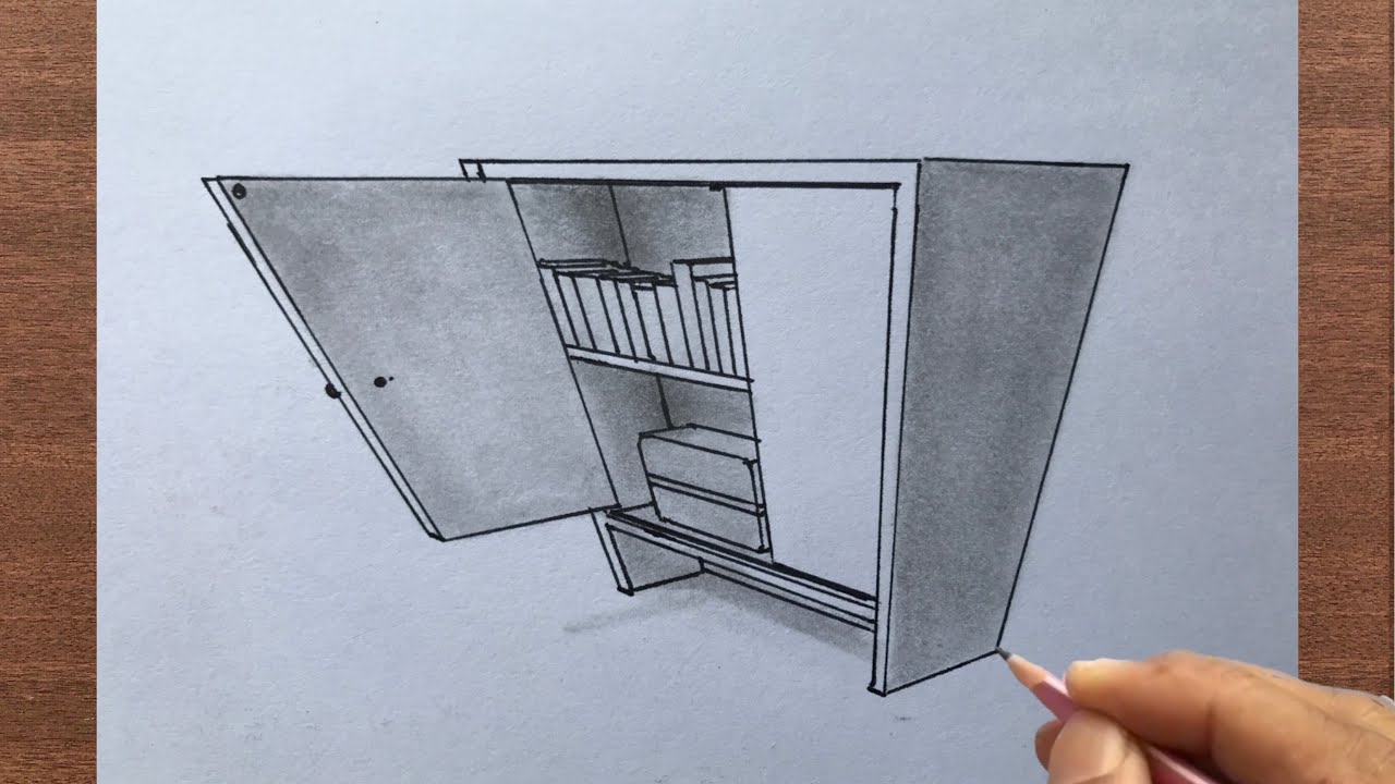 How to Draw a Cabinet in 3 Point Perspective - YouTube