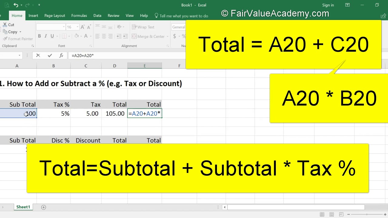 Excel 5 1 1 How To Add Or Subtract A Percentage E G Tax Or Discount