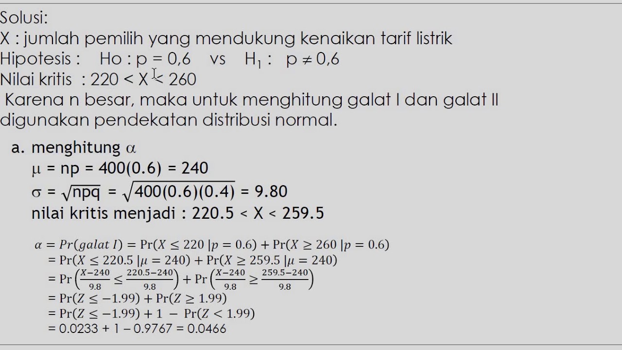 Pengujian Hipotesis: Menghitung Galat I dan II - YouTube