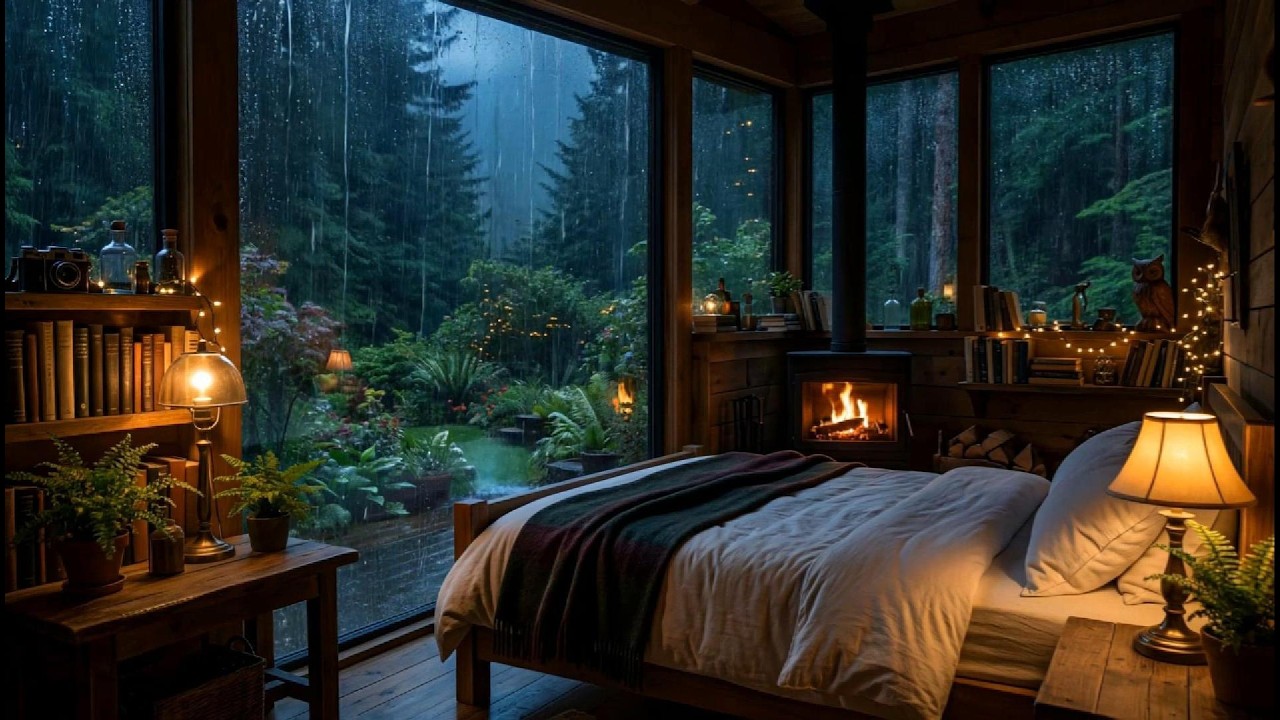 10 Hours Rain in Cozy Forest Cabin 🌧️ Fireplace & Warm Lights for Deep ...