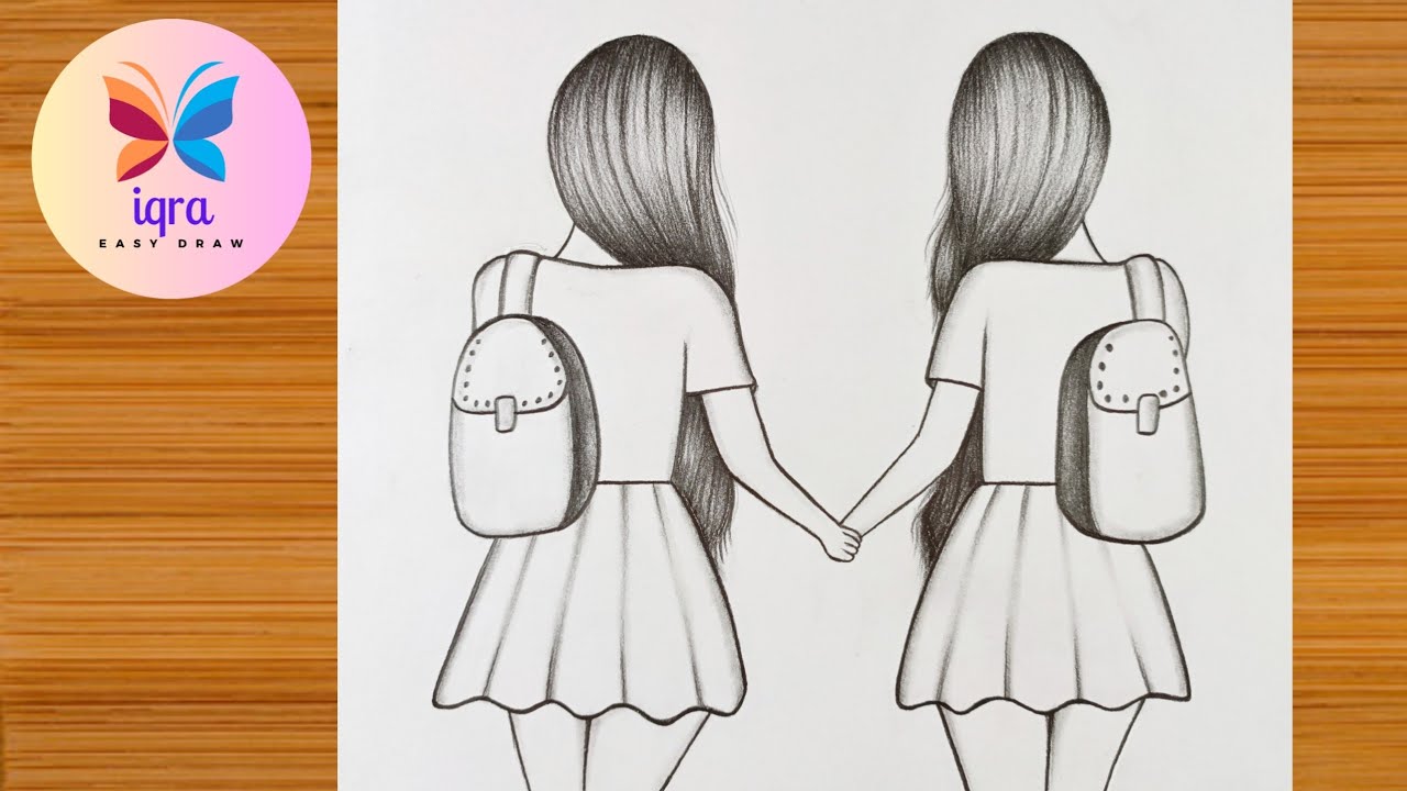 How to draw two best friend with school bag || girl drawing for ...