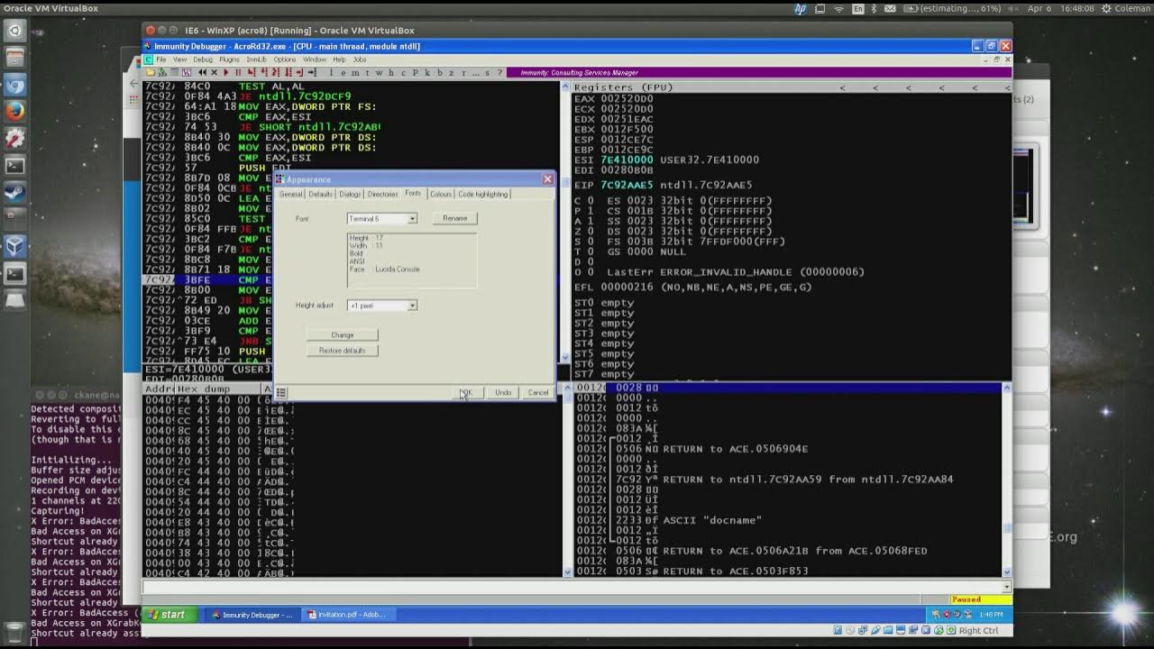 CS7038: Wk13.2 Run-time Analysis of PDF Exploit and Backdoor installation, w/ Immunity Debugger ...