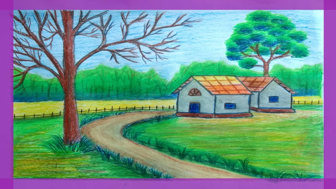 Drawing of naturel scenery//How to draw village scenery step by step ...