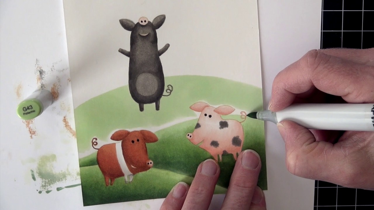 Coloring 3 Unique Pigs with MFT Stamps and Copics - YouTube