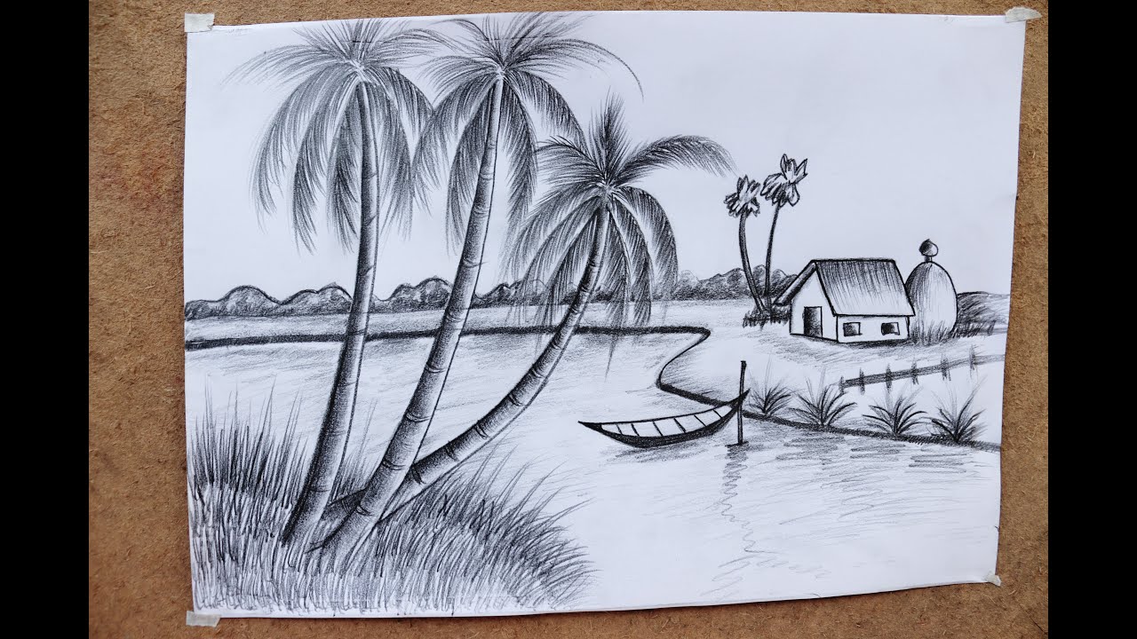 River side Village scenery easy drawing step by step | Beginners ...