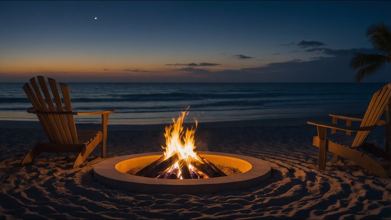 Night Beach Campfire Ambience | Gentle Ocean Waves & Cozy Fire Sounds ...