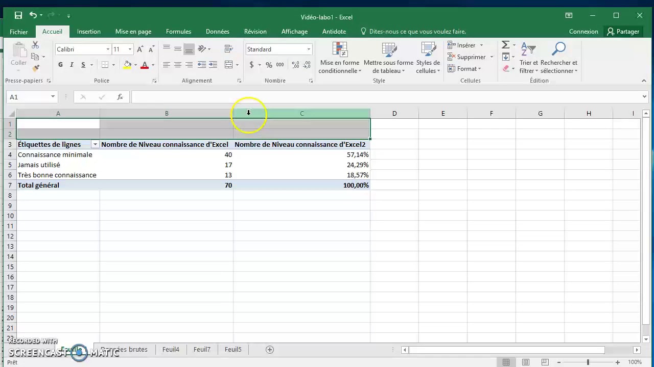 Tableau croisé dynamique pour une variable qualitative, Excel 2016 ...