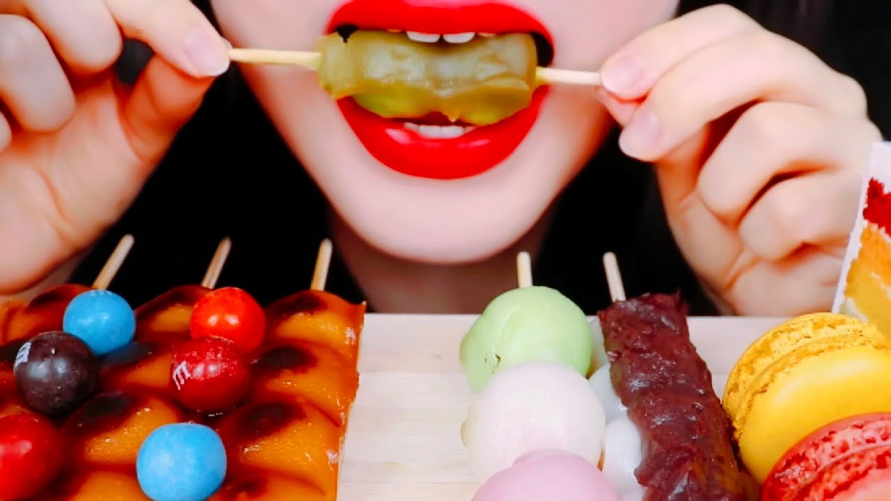 Mukbang with Delicious Rainbow Cake, Mochi and Macaron, ASMR Eating ...