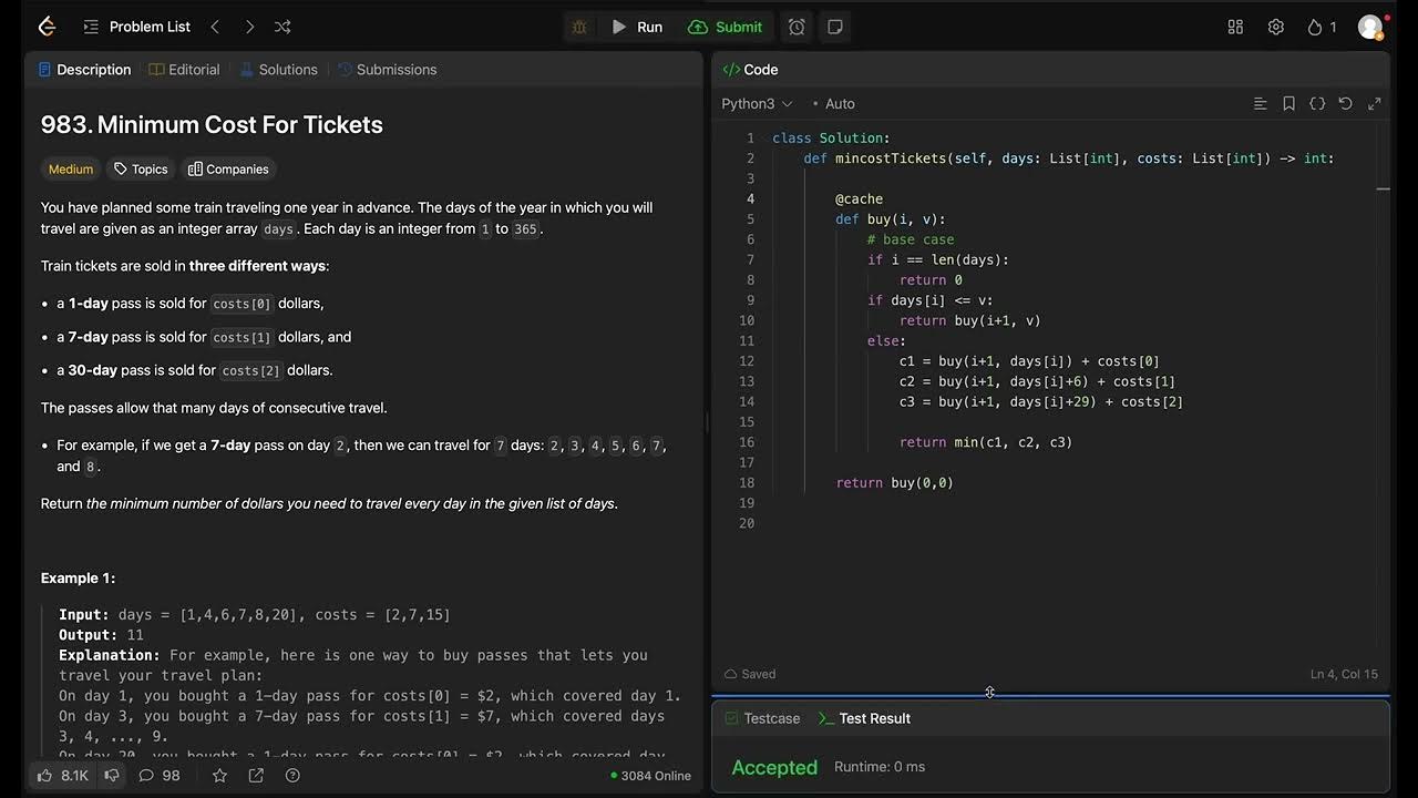 Leetcode 983 - Minimum Cost For Tickets - Python - YouTube