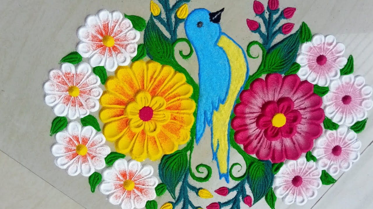 beautiful flowers with bird rangoli design. Unique flowers with bird ...