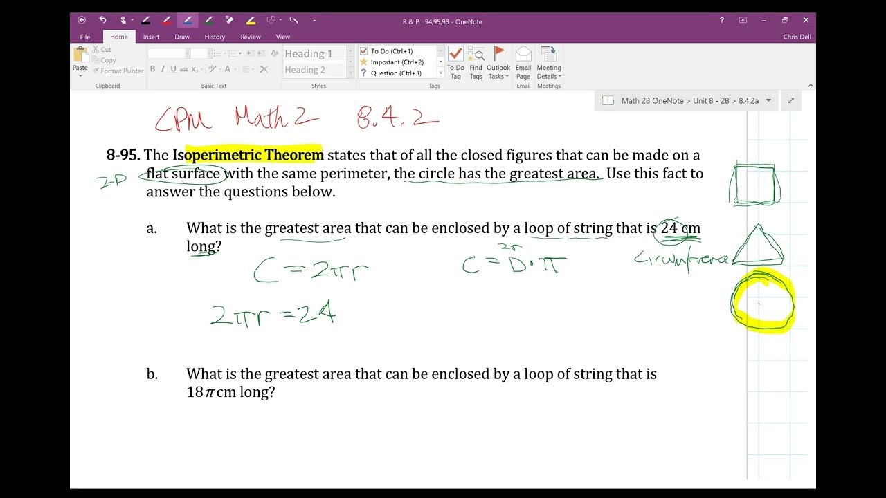 CPM Math 2 Section 8.4.2 #8-95 (area and circumference of circles ...