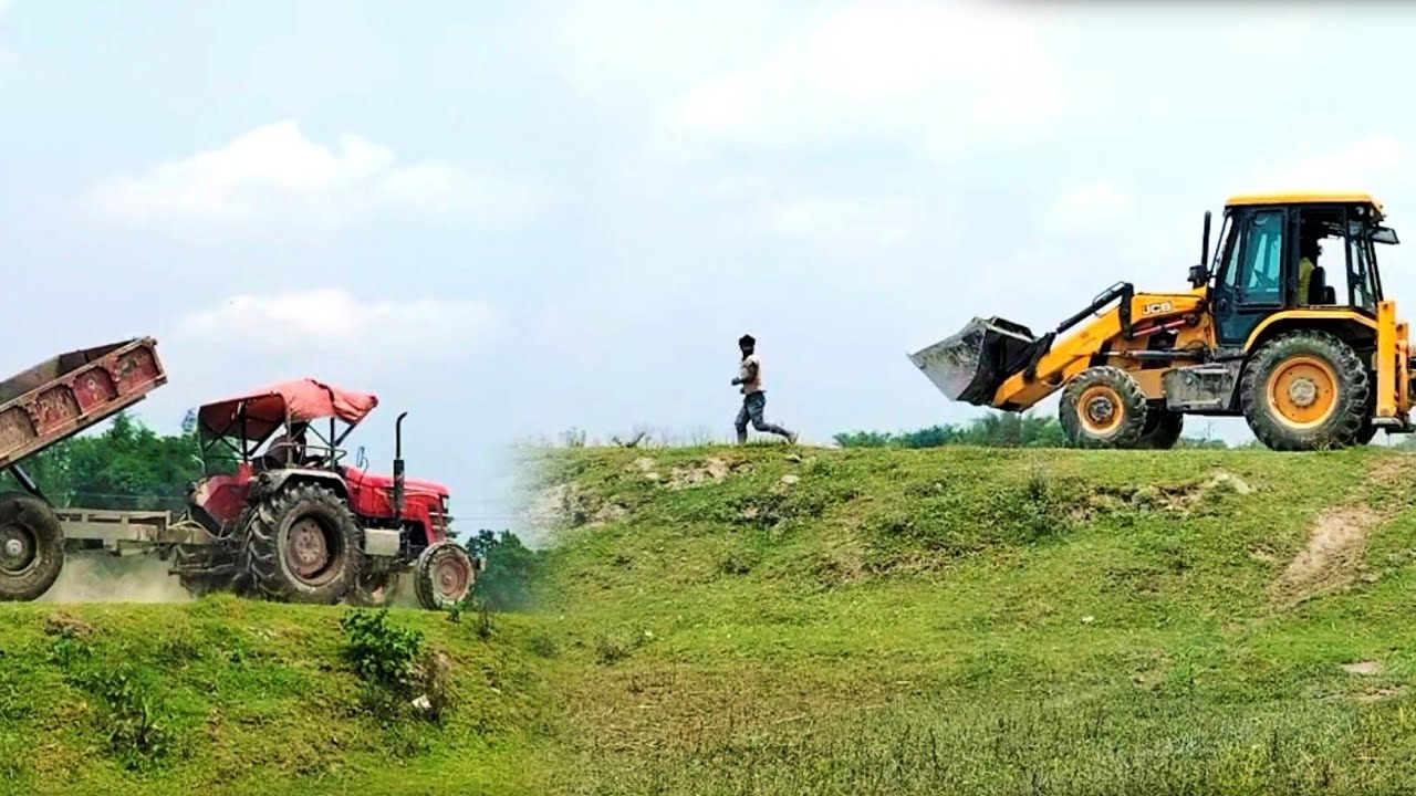 JCB 3dx beckhoe loader loading trolley and mitti leveling l - YouTube