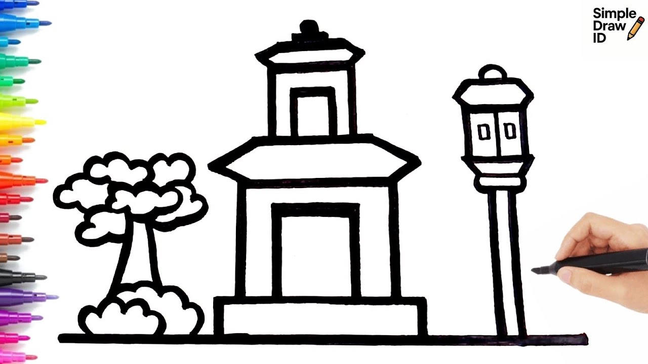 How To Draw A Traditional Gate House - Easy Drawing Traditional Gate ...