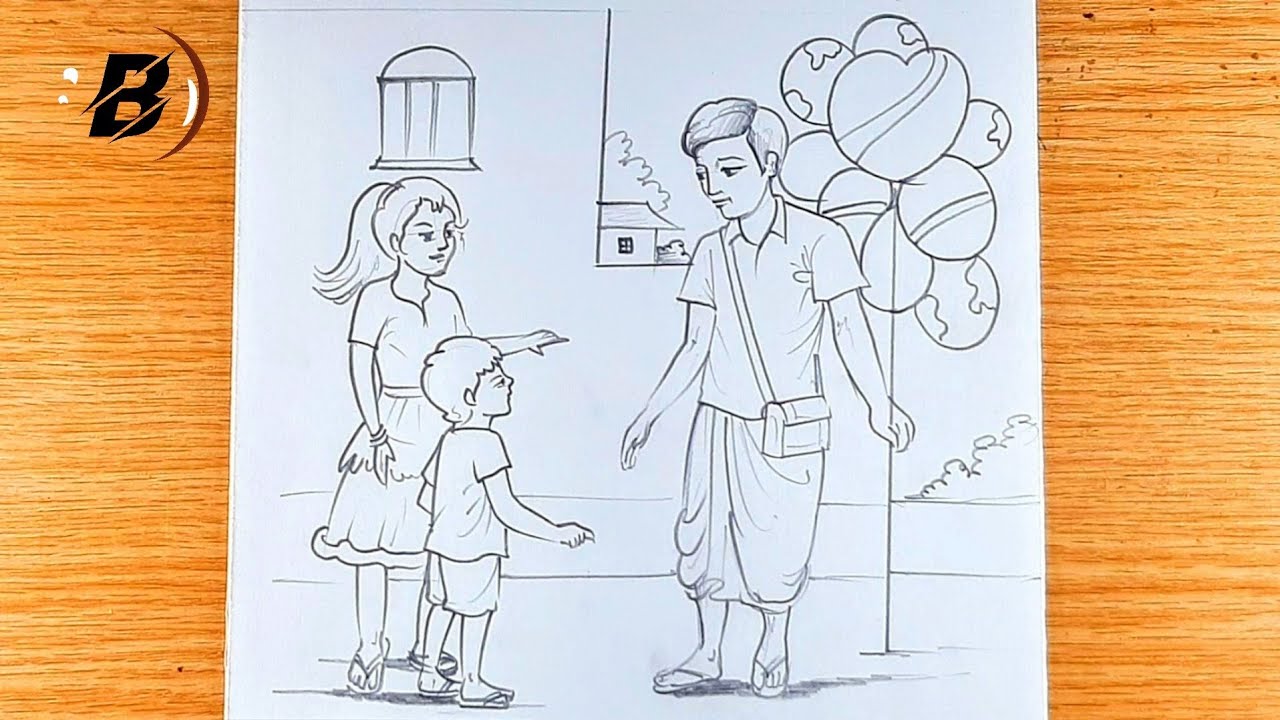 Balloon seller drawing easy // Mela drawing / village fair drawing ...