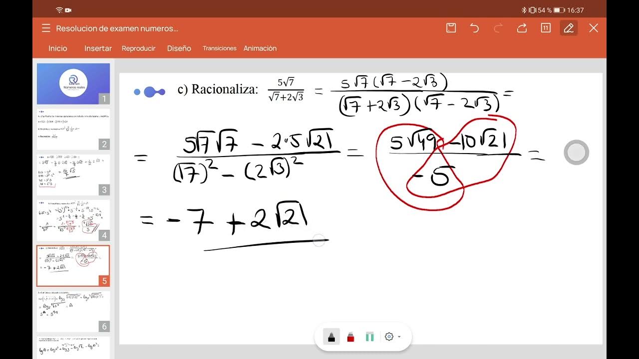 Examen resuelto de Números reales: radicales, racionalizar, logarítmos, intervalos y valor ...