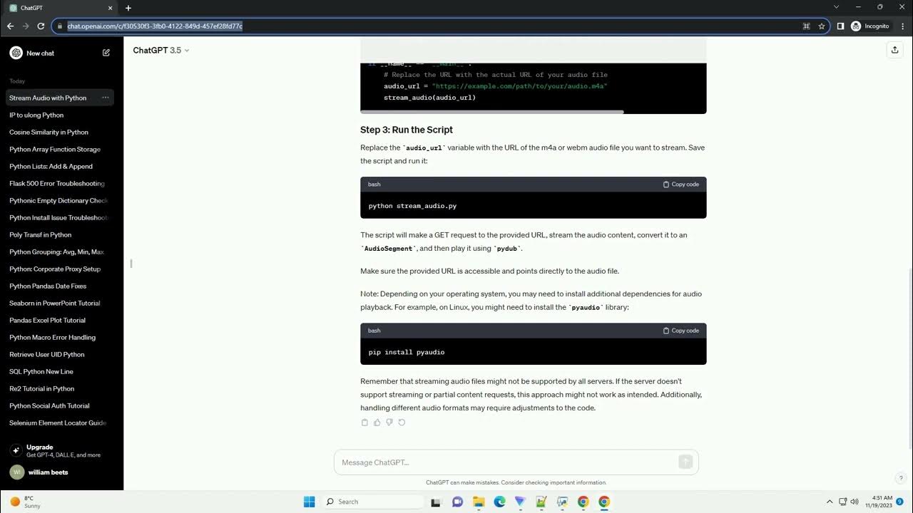 Python How can I stream a audio file m4a webm instead of simply downloading it - YouTube