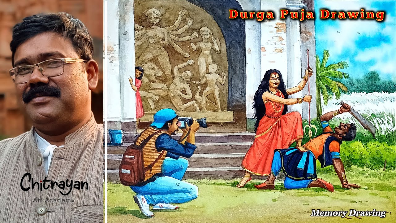 Durga Puja Drawing Easy With Watercolor | Durga Puja Drawing Step By ...