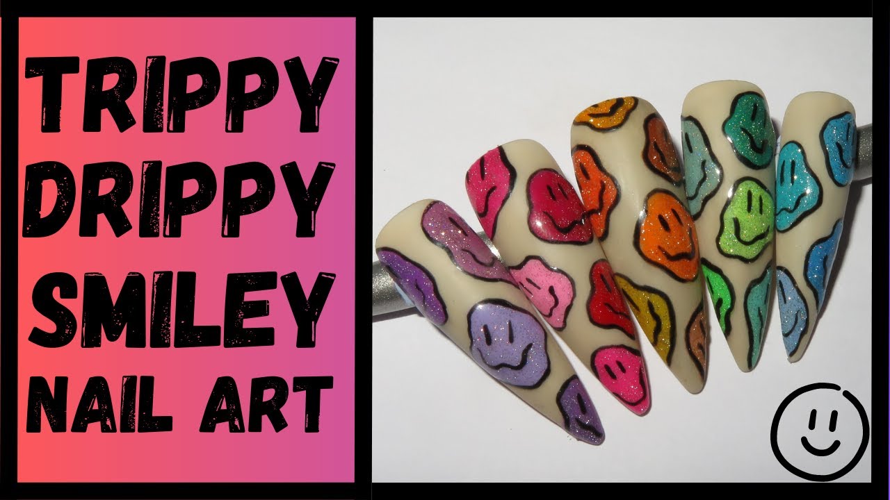 TRIPPY SMILEY FACE FREEHAND NAIL ART WITH REFLECTIVE GLITTER GELS ...