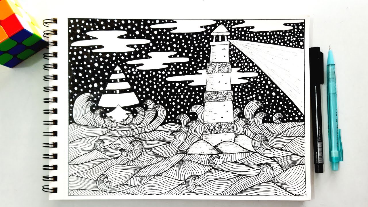 Easy Doodle/Zentangle/Zendoodle landscape/scenery/lighthouse seascape ...