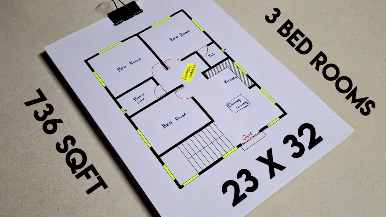 New 23 x 32 simple house plan II 736 sqft ghar ka naksha II 23*32 floor ...