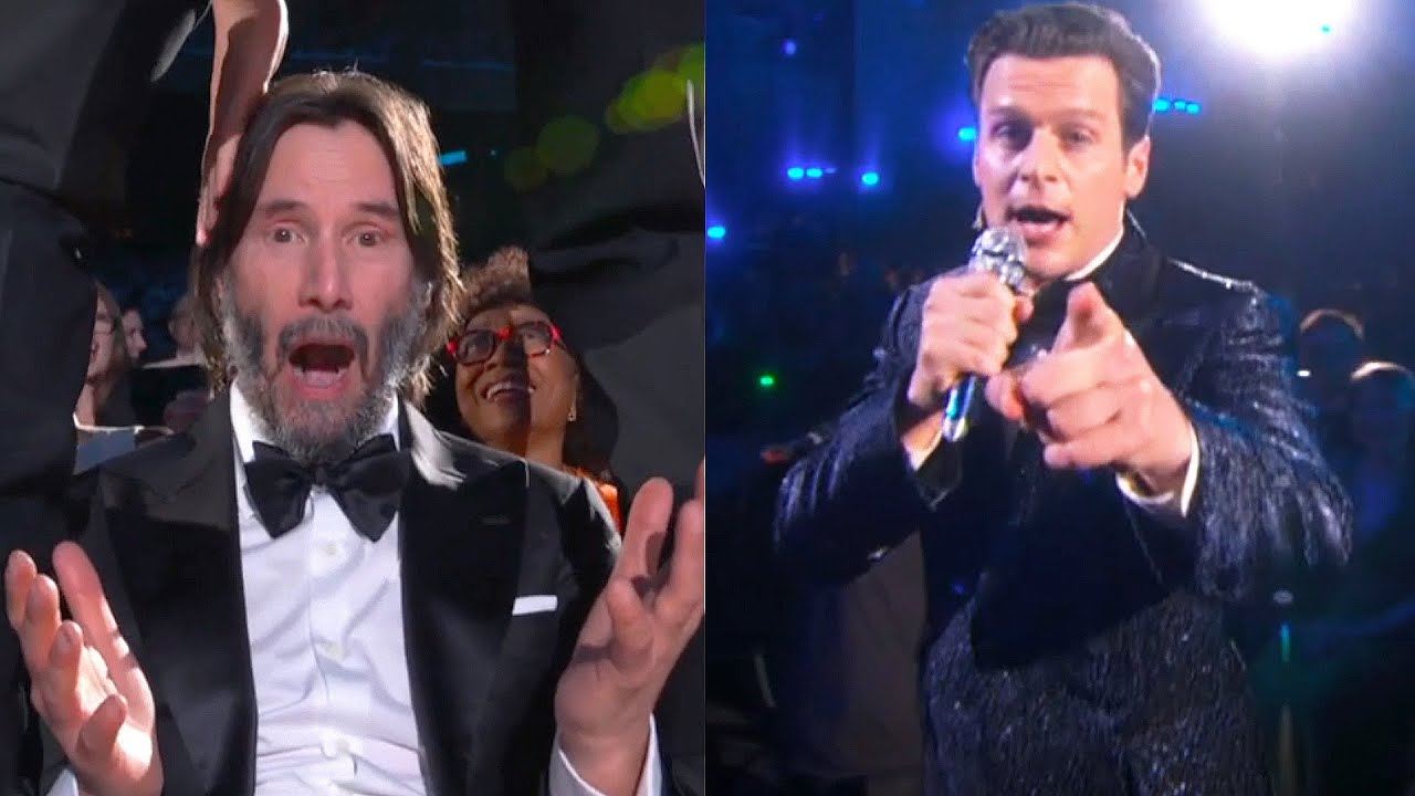 Jonathan Groff Touchy Feely With Keanu Reeves At Tony's - YouTube