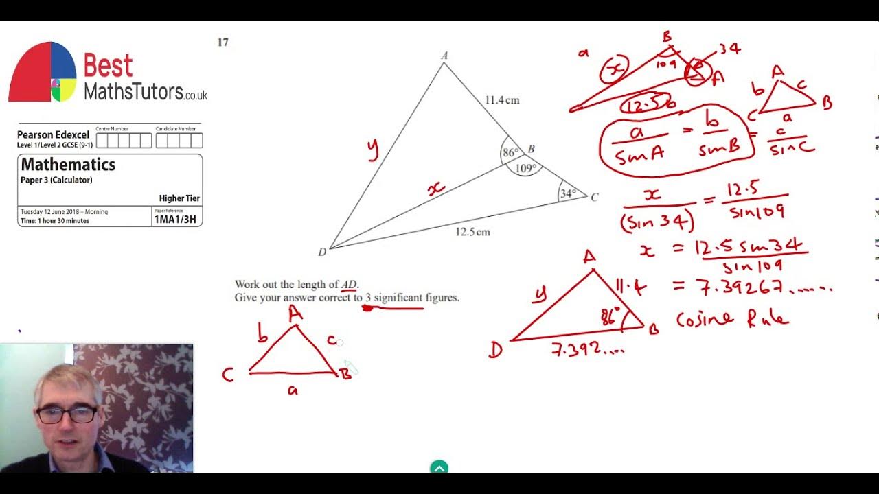 Sine Rule and Cosine Rule, Edexcel June 2018 GCSE Maths Higher Tier ...