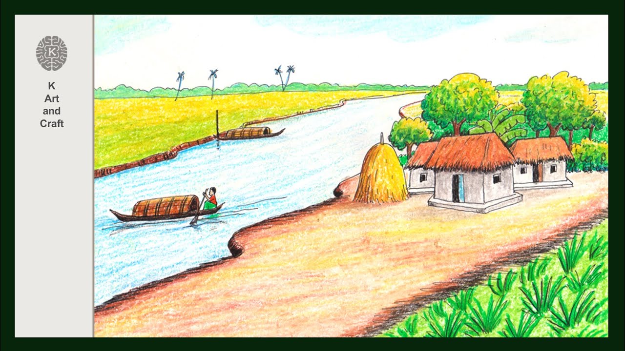 How to draw a riverside rural scenery with oil pastel step by step easy ...