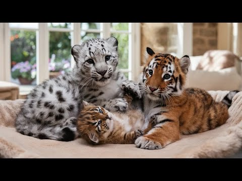 Snow Leopard cub and Tiger Cub Playing with Kitten - YouTube