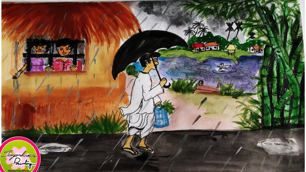 🌧️RAINY SEASON🌧️ VILLAGE SCENERY Drawing|| village scenery drawing step ...