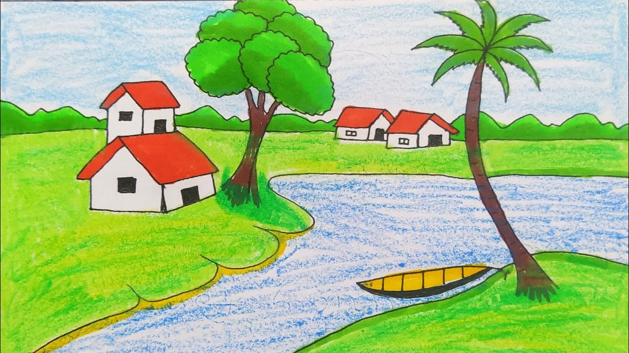 Village Scenery Drawing Easy - Step By Step | Nature Landscape Painting ...