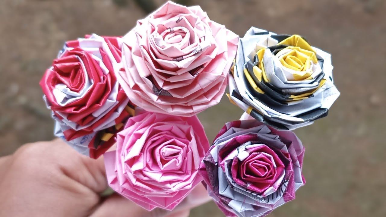 How to make roses with paper strip॥ leaflet වලින් මලක් හදමු 🌹🥀🍃 ...