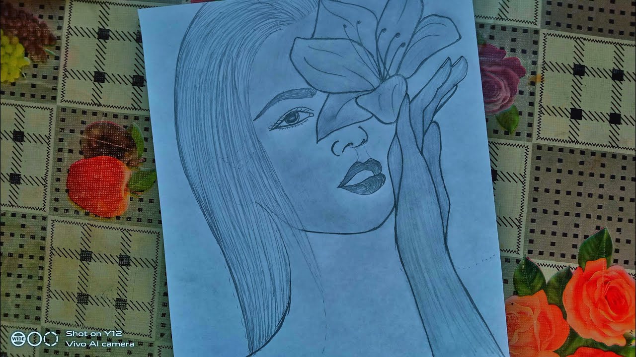 How to draw a Flower Girl with Face Sketching Drawing || Sketch Drawing ...