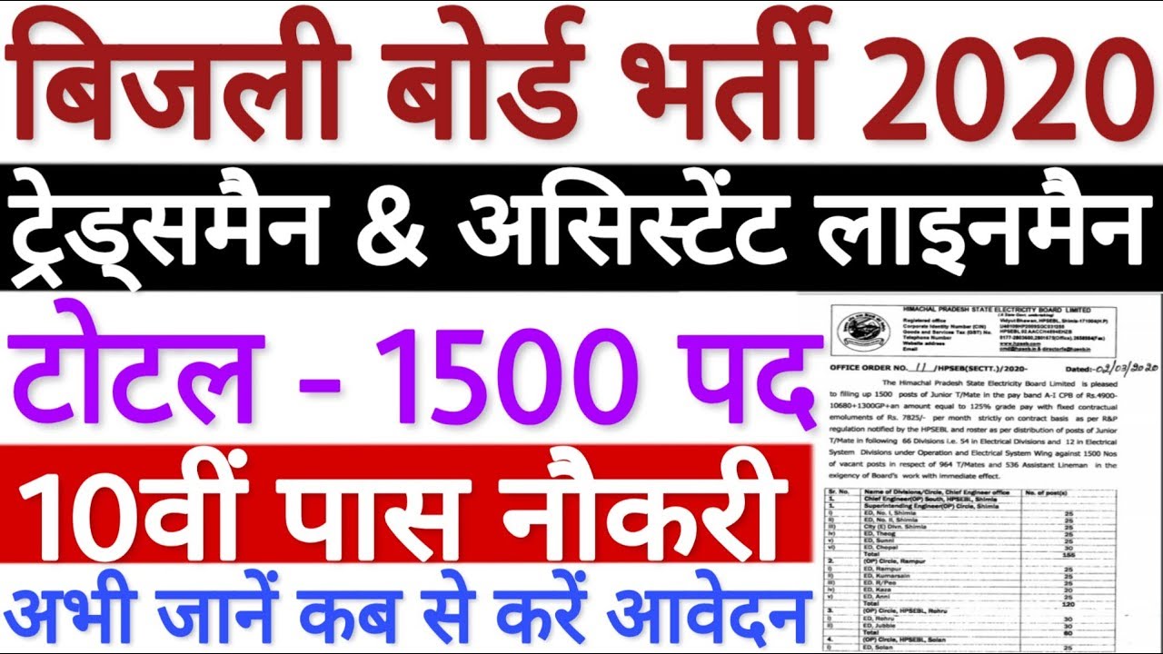 Himachal Pradesh Electricity Board Vacancy 2020 | HPSEBL Recruitment ...