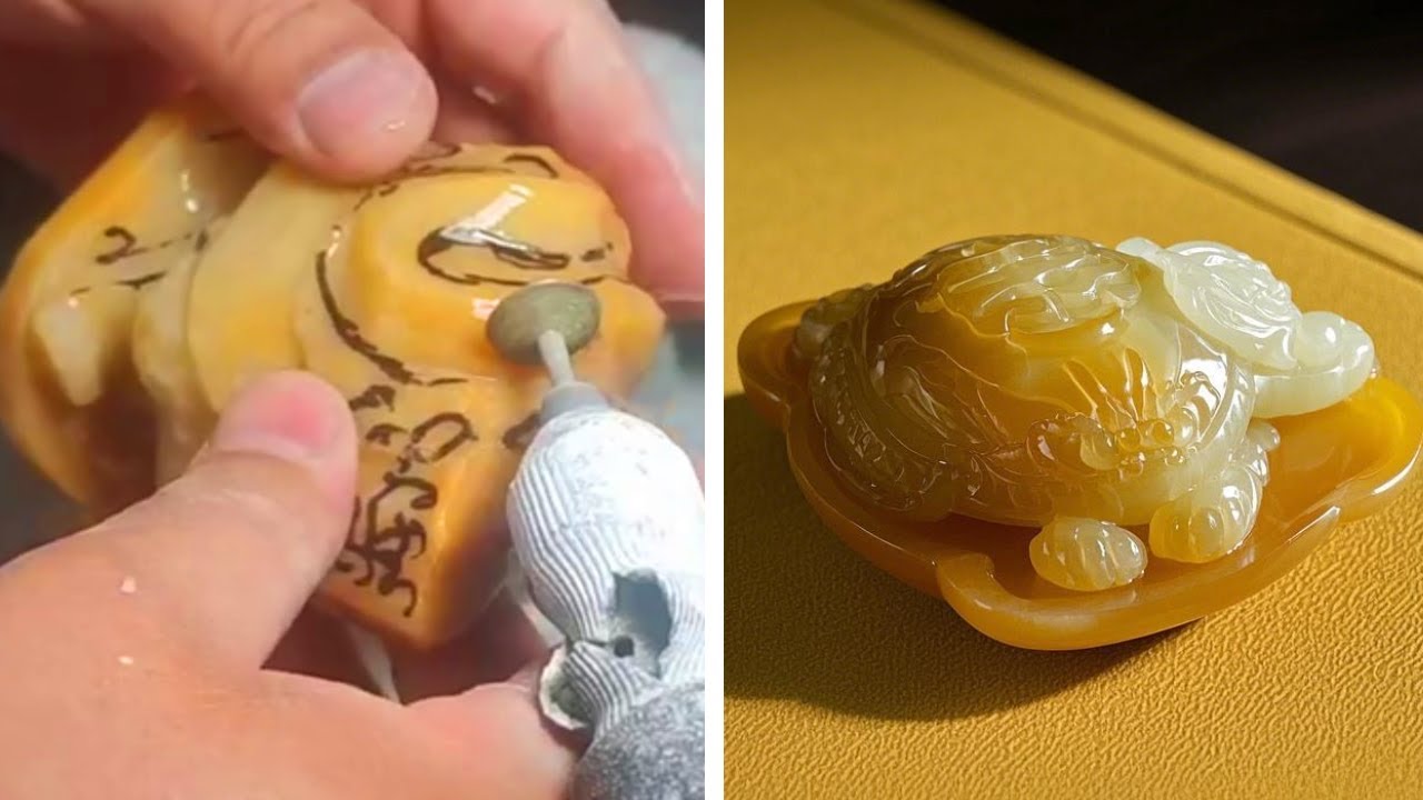 Jade artists carefully carve turtles and snakes, and the finished ...
