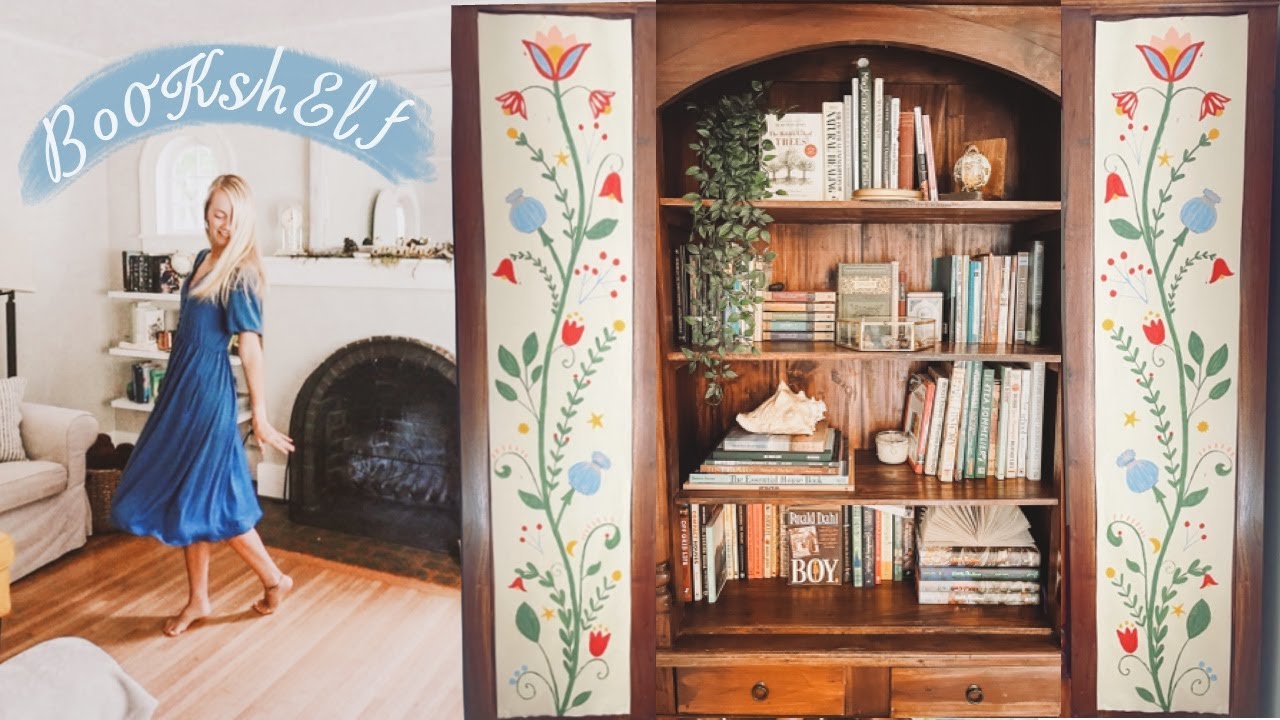 BOOKSHELF MAKEOVER || I tried painting folk art on my bookshelf; a ...