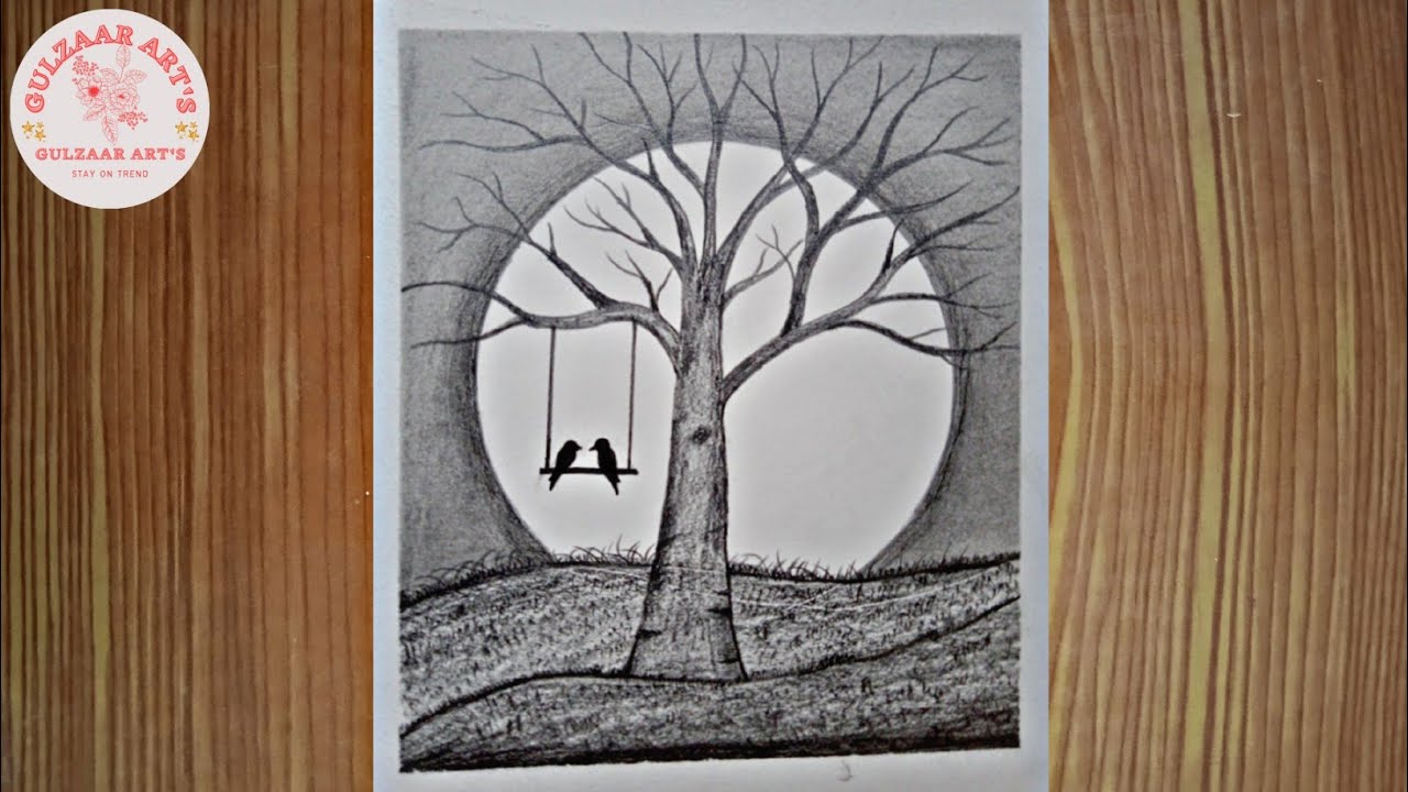 How to draw moonlight tree, Love birds drawing with pencil #scenery # ...