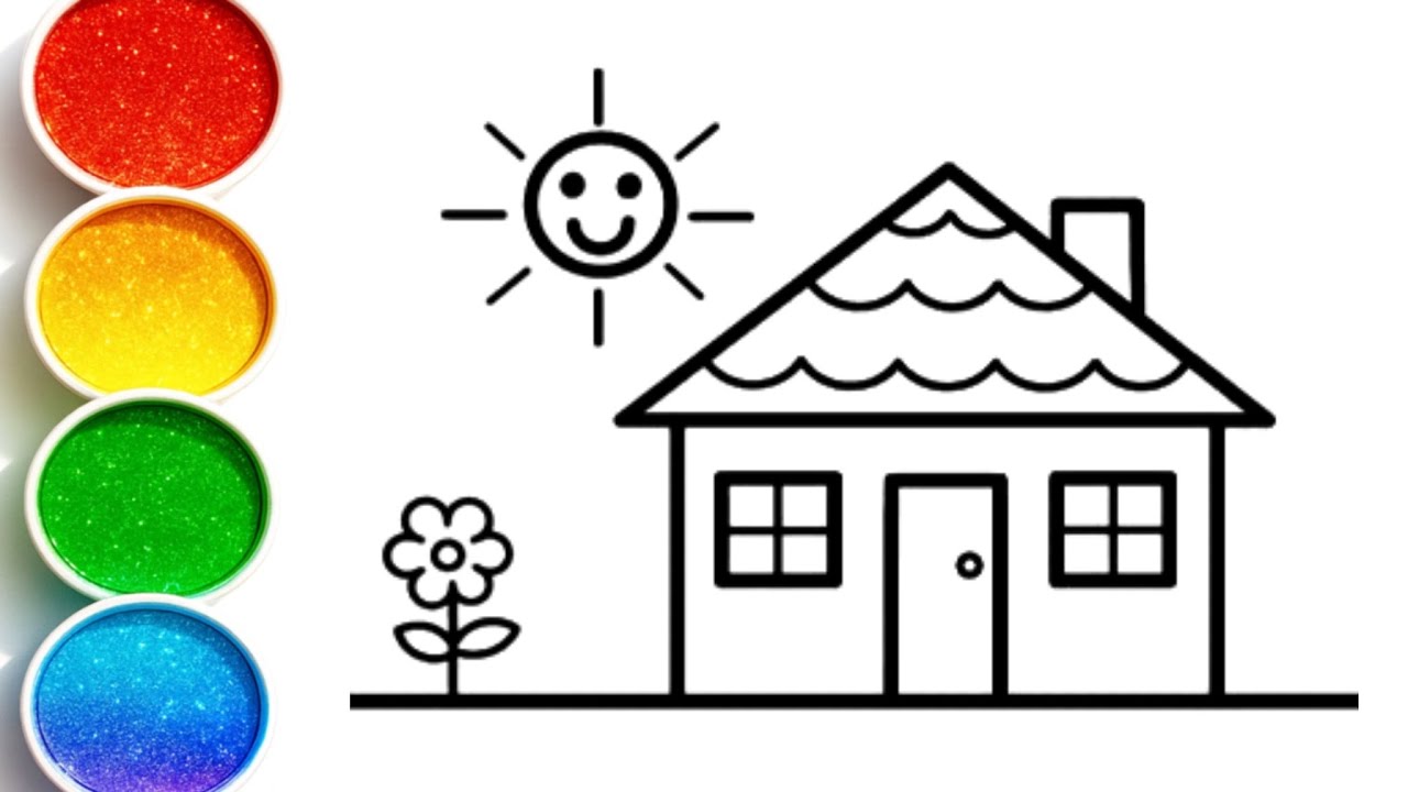 Cute House Sun and Flower Drawing, Painting & Coloring For Kids and ...