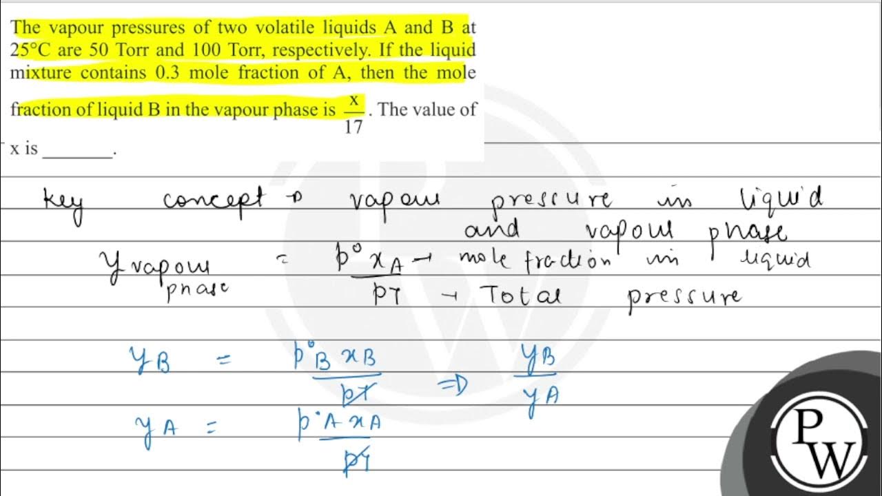 The vapour pressures of two volatile liquids \( \mathrm{A} \) and \( \mathrm{B} \) at \( 25^{\ci ...