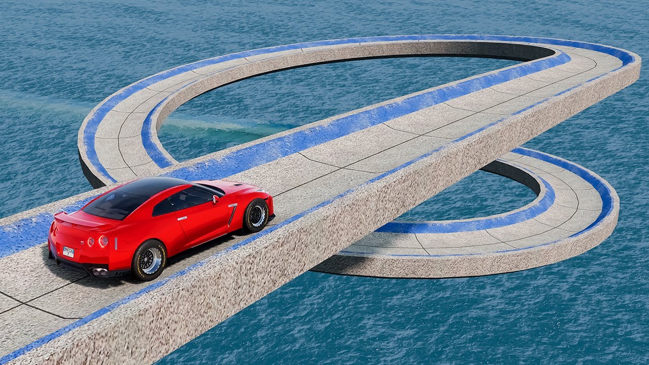 Insane Weird Loop Bridge Crossing Cars Vs Deep Water - BeamNG Jalur ...