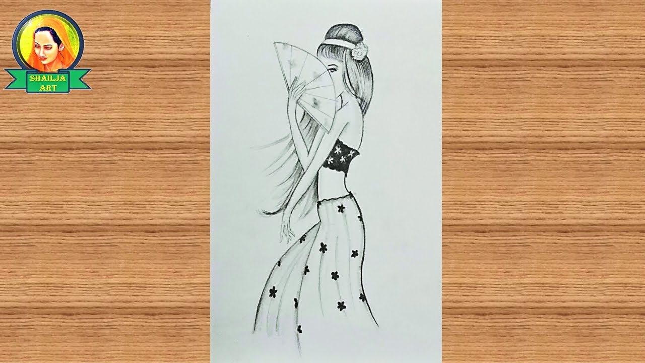 how to draw a girl with hand fan | Asian girl drawing | how to draw ...