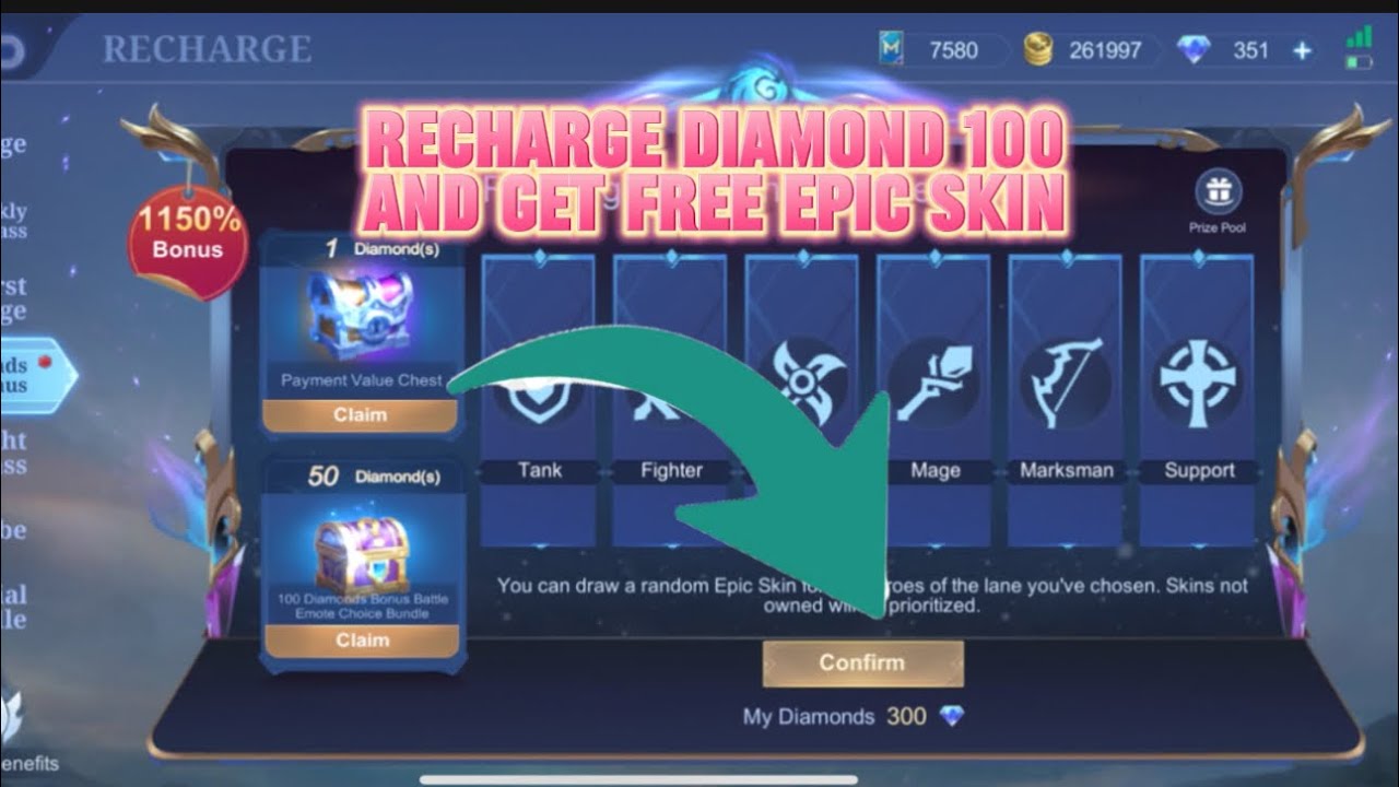 Recharge Diamonds 100 and get 1 free epic skin - YouTube