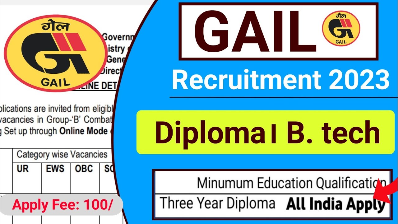 GAIL Recruitment 2023। Diploma। B. tech। GAIL Vacancy 2023। Junior ...