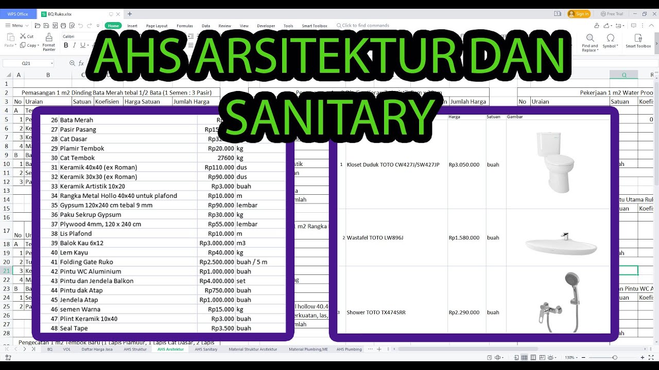 Tutorial Analisa Harga Satuan Pekerjaan Arsitektur dan Sanitary | AHS Part 2 !! - YouTube