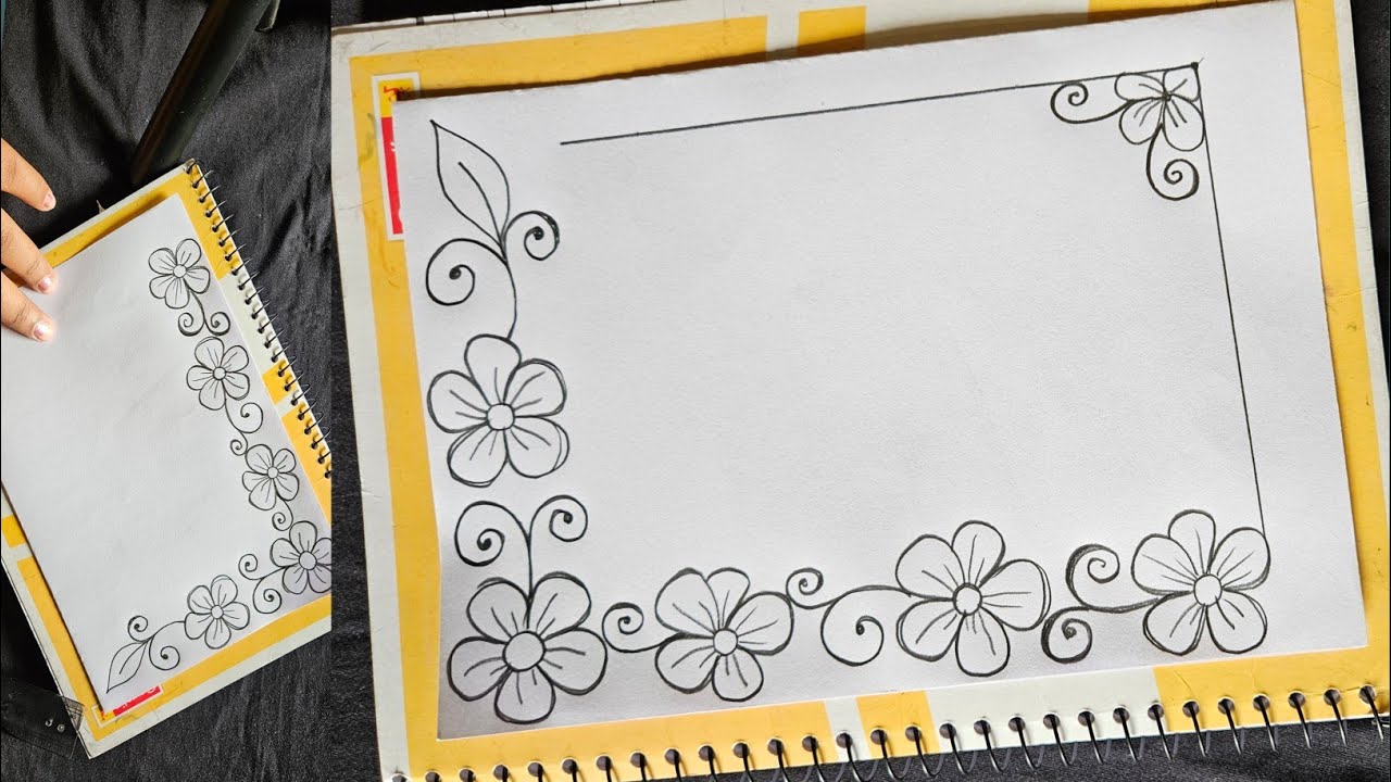 How to draw flower border design | Project design by pencil|A4 sheet/front page design|flower ...