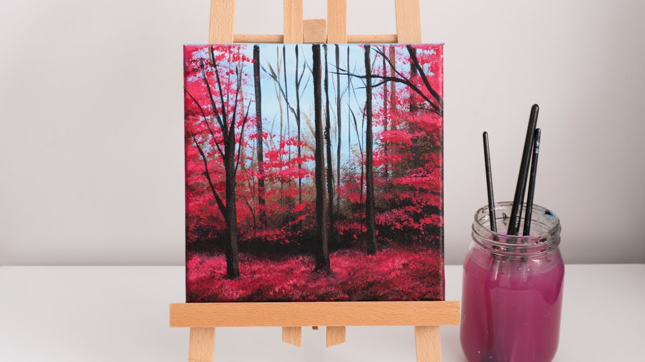 Red trees / acrylic painting tutorial step by step / easy painting ...