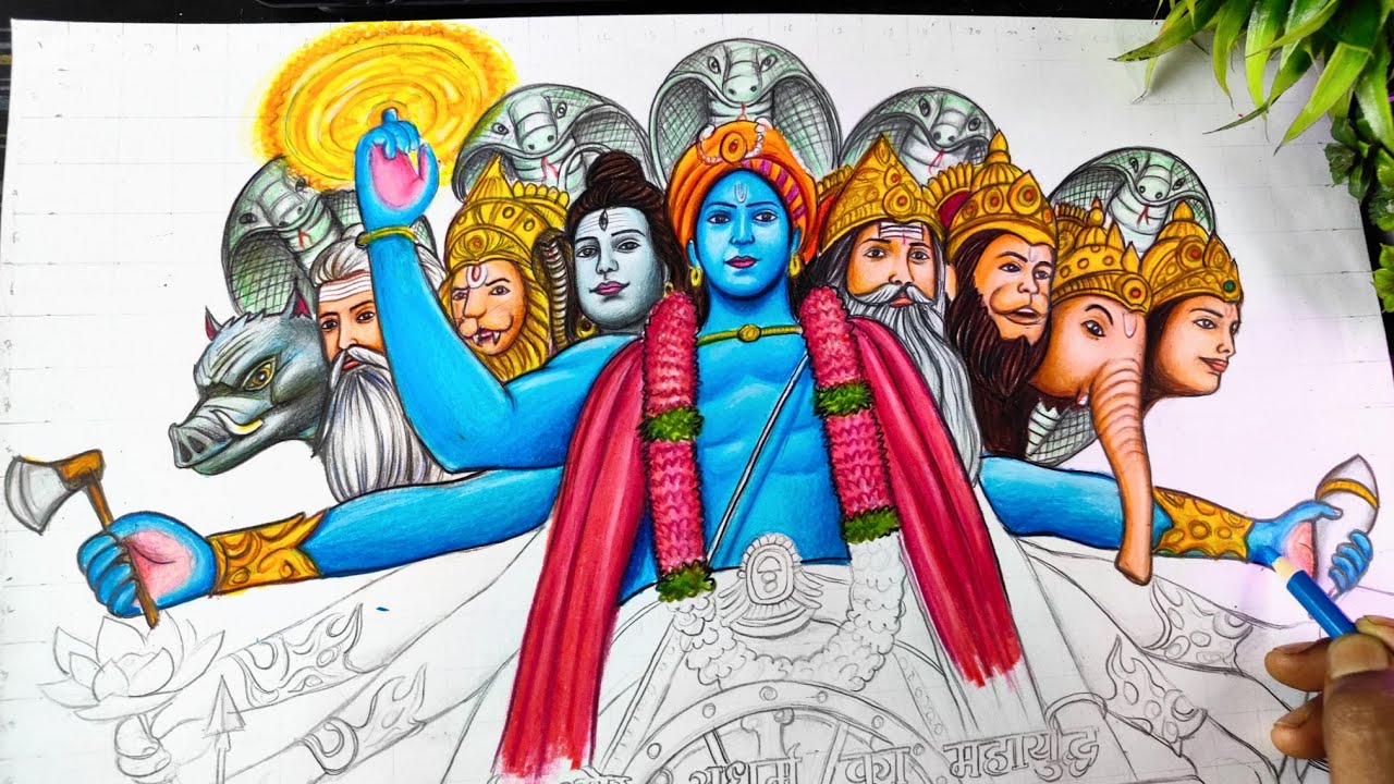 Kurukshetra Mahabharat Drawing, Krishna Vishwaroop Drawing, Vishnu ...
