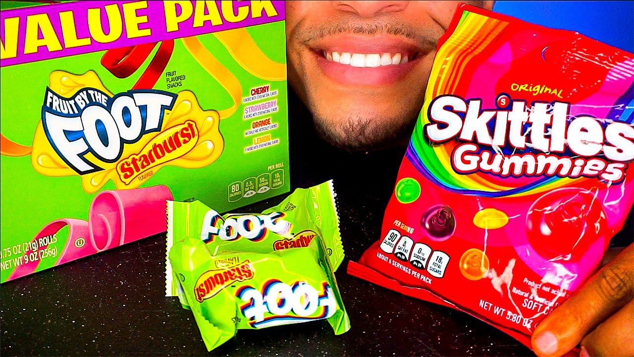 ASMR SKITTLES GUMMIES STARBURST FRUIT BY THE FOOT CHEWY CANDY EATING ...